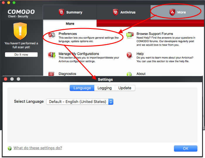 Change CCS Language Settings, Comodo Client Security For MAC, Antivirus Protection